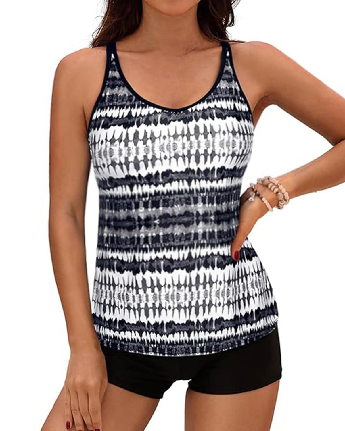 Yonique 2 Piece Tankini Swimsuits for Women with Boy Shorts Athletic Swim Tank Top Bathing Suits Black and White XL