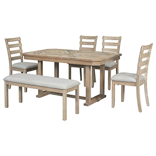 MACHOME 6-Piece Rubber Dining Table Set with Beautiful Grain Pattern Tabletop Solid Veneer and Soft Cushion, for Kitchen, Living, Guest Room, Home Bar, Natural Wood Wash
