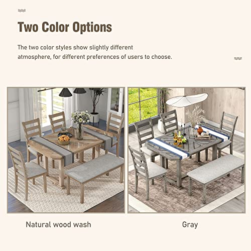 MACHOME 6-Piece Rubber Dining Table Set with Beautiful Grain Pattern Tabletop Solid Veneer and Soft Cushion, for Kitchen, Living, Guest Room, Home Bar, Natural Wood Wash