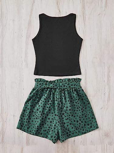 SOLY HUX Women's 2 Piece Outfits Summer Scoop Neck Tank Top and Allover Print Belted Shorts Set Black and Green XL