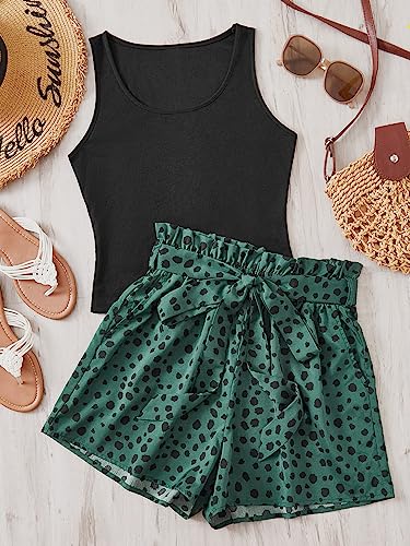 SOLY HUX Women's 2 Piece Outfits Summer Scoop Neck Tank Top and Allover Print Belted Shorts Set Black and Green XL