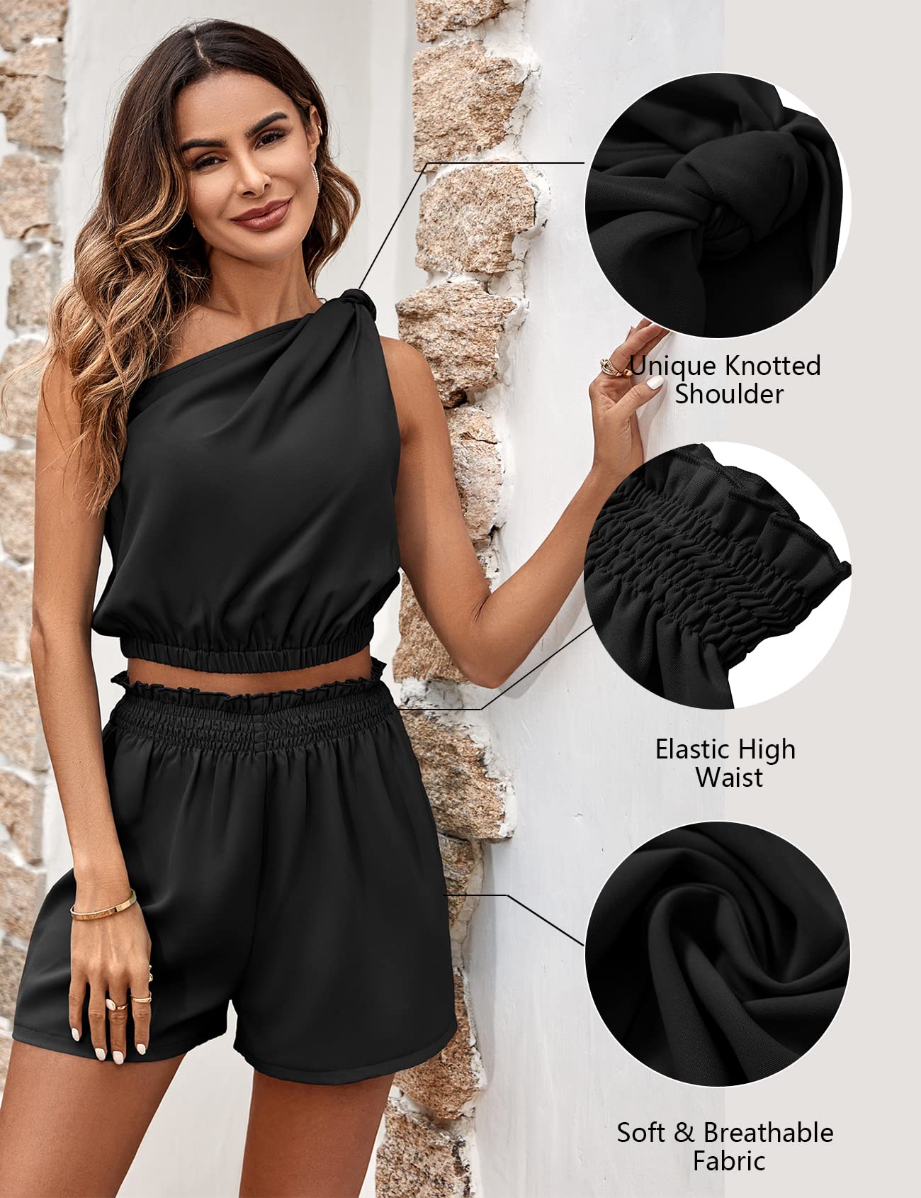 Yimoon Women's Summer 2 Piece Outfits Shorts Sets One Shoulder Sleeveless Crop Top Tank and High Waist Shorts Lounge Set(Black-XL)