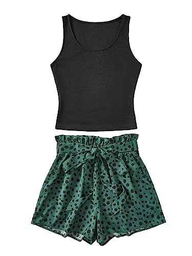 SOLY HUX Women's 2 Piece Outfits Summer Scoop Neck Tank Top and Allover Print Belted Shorts Set Black and Green XL