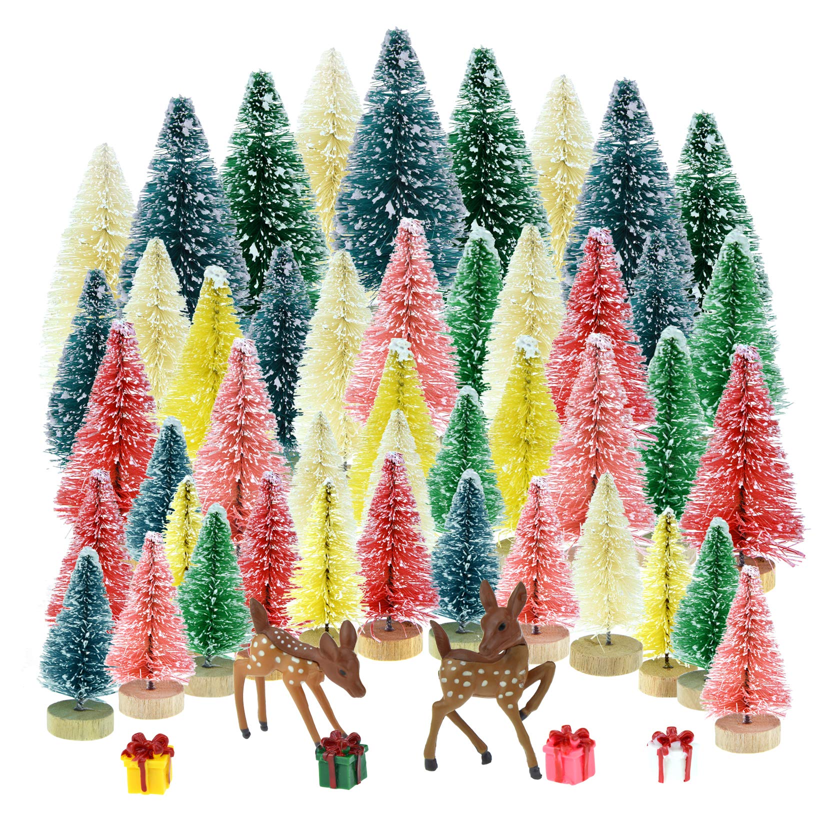Yookat 51Pcs Pine Trees Artificial Trees with Wood Base Sisal Bottle Brush Trees Assorted Color and Deer Boxes Winter Snow Ornaments for Christmas Decoration