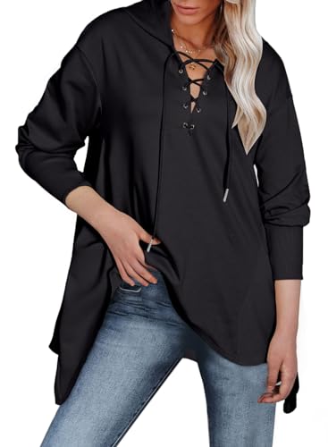 EVALESS Fall Sweatshirt for Women 2023 Fashion Casual Oversized Long Sleeve Hoodie Pullover V Neck Lace Tops with Pockets,Black S