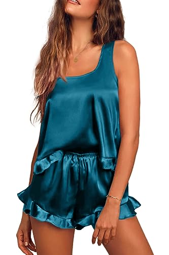 Ekouaer Womens Satin Pajamas Set 2 Piece Sexy Tank Top and Shorts Silk Pj Set Sleepwear Blue Green XL