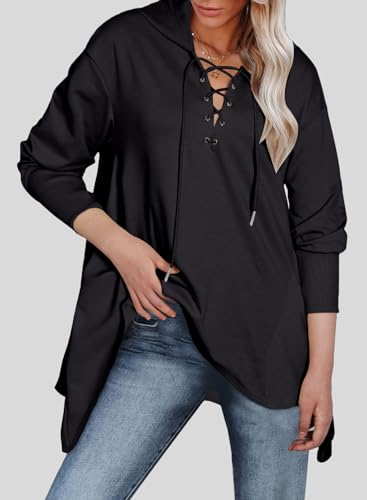 EVALESS Fall Sweatshirt for Women 2023 Fashion Casual Oversized Long Sleeve Hoodie Pullover V Neck Lace Tops with Pockets,Black S