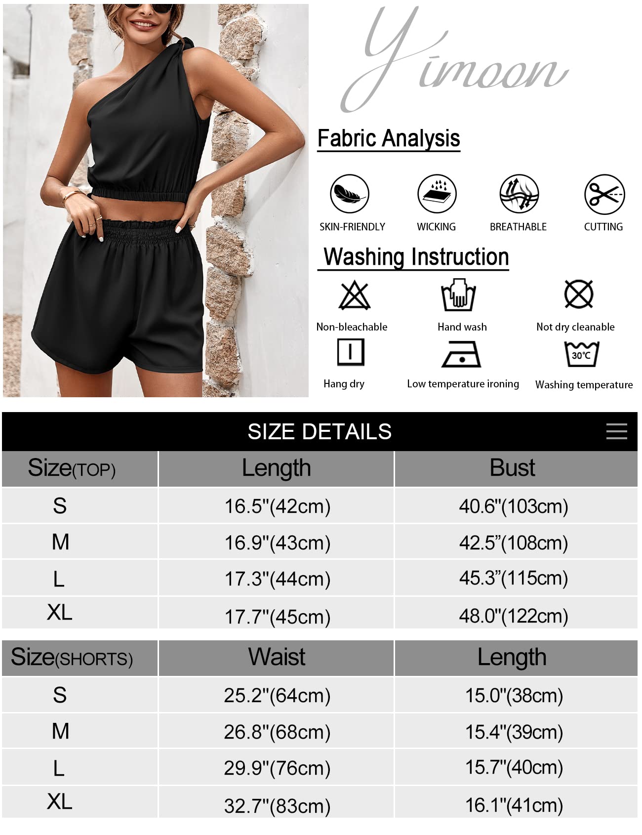Yimoon Women's Summer 2 Piece Outfits Shorts Sets One Shoulder Sleeveless Crop Top Tank and High Waist Shorts Lounge Set(Black-XL)