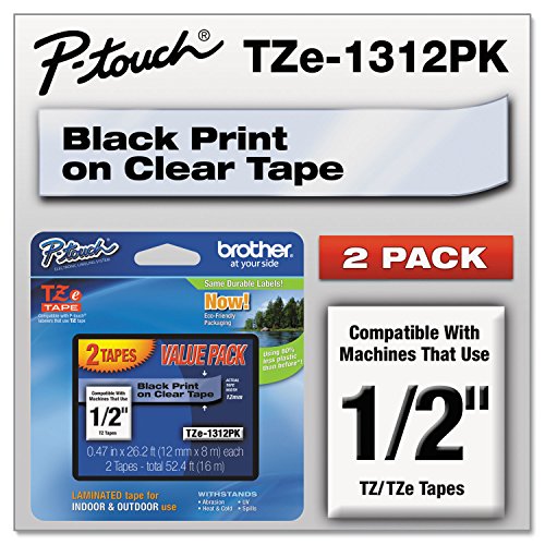 Brother Tze1312pk Tze Standard Adhesive Laminated Labeling Tapes, 1/2-Inch W, Black On Clear, 2/Pack