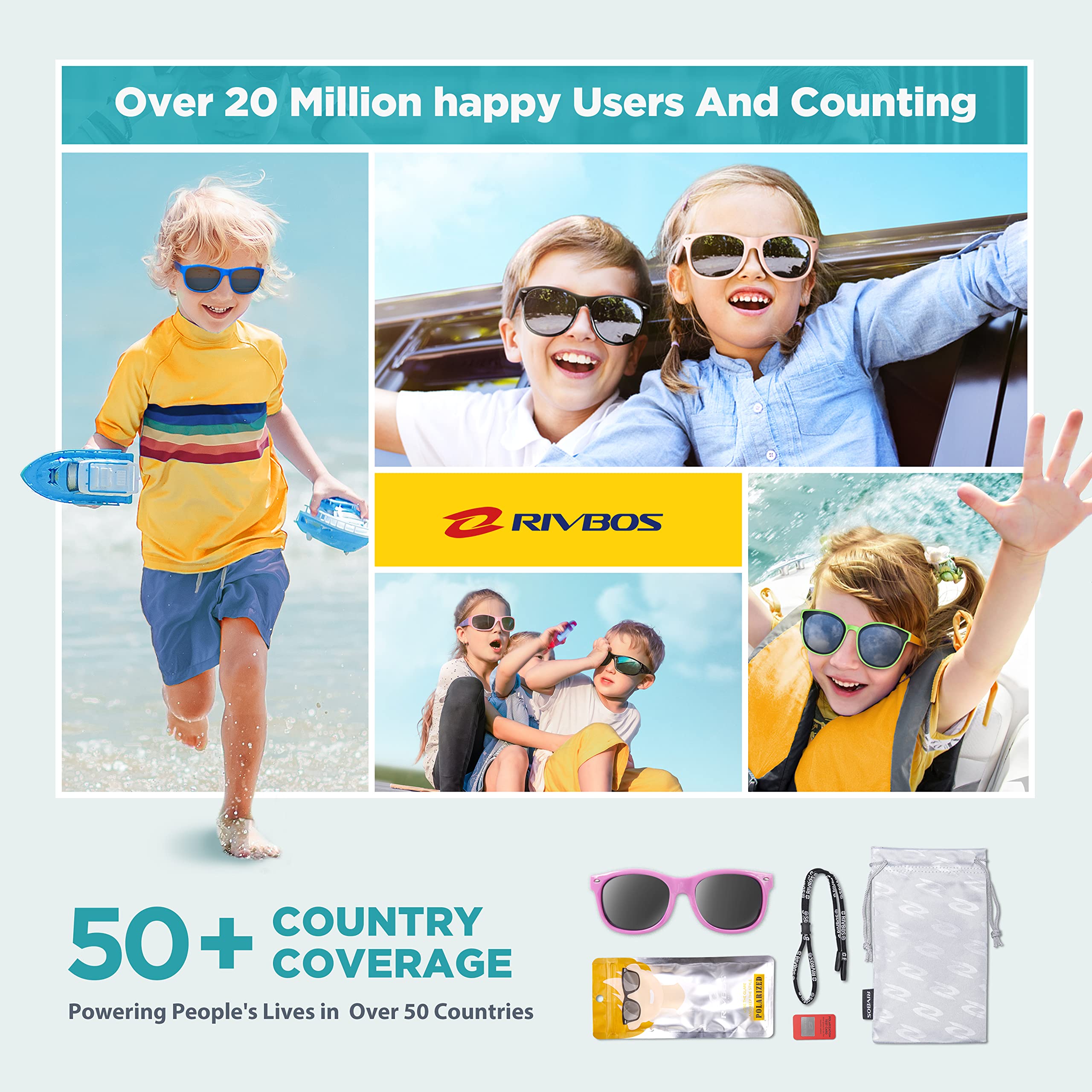 RIVBOS Kids Sunglasses for Girls Boys with Strap Polarized UV Protection Flexible Rubber Shades RBK004-2 Pink