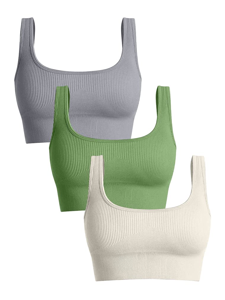 OQQ Women's 3 Piece Medium Support Tank Top Ribbed Seamless Removable Cups Workout Exercise Sport Bra Grey Green Beige
