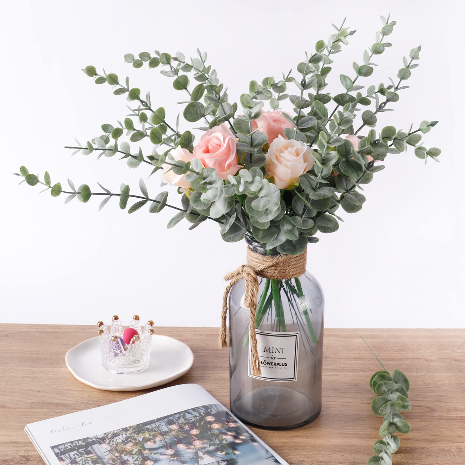 CEWOR 24pcs Eucalyptus Stems Decor Artificial Eucalyptus Leaves Faux Greenery Branches for Wedding Centerpiece Flower Floral Arrangement Farmhouse Home Decoration