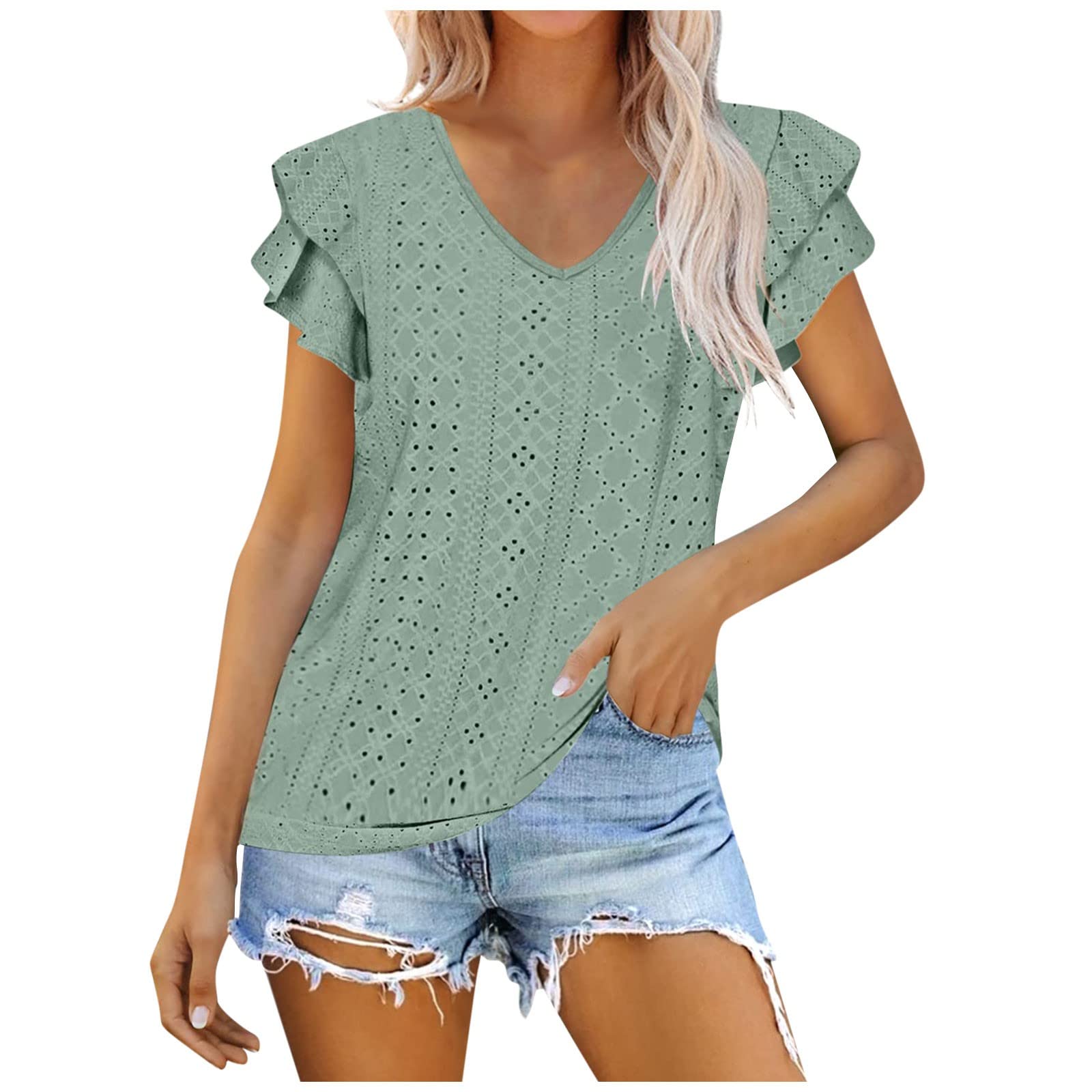 Fashion Tops for Women, Red Tank Top Dressy Crop Tops Women Biker Shorts Sets Women's V Neck T Shirt Summer Hollow Casual Ruffle Sleeve Tops Blouse Work Teen Girls Shirts Pullover (XL, Mint Green)