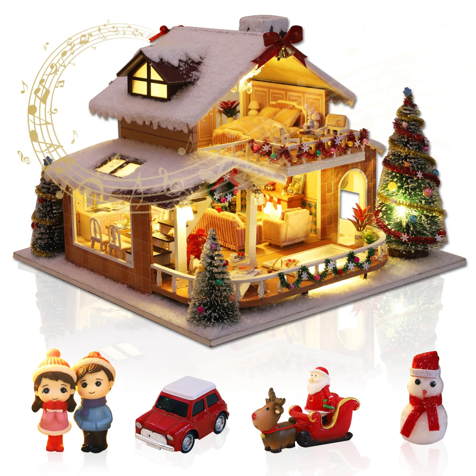 DIY Miniature Dollhouse Kit, 3D Wooden Puzzle Christmas Tiny House Model Kit with Music Box LED Light Dust Proof Cover, 3D Wooden Puzzle for Adults Couple, Handmade Crafts Home Decor Gift (Snow Villa)
