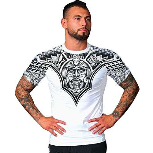 PERSONALFURY - Aztec Sun Calendar Men's Short Sleeves Compression Rash Guard MMA BJJ White Ultra Soft Rash Guard - L