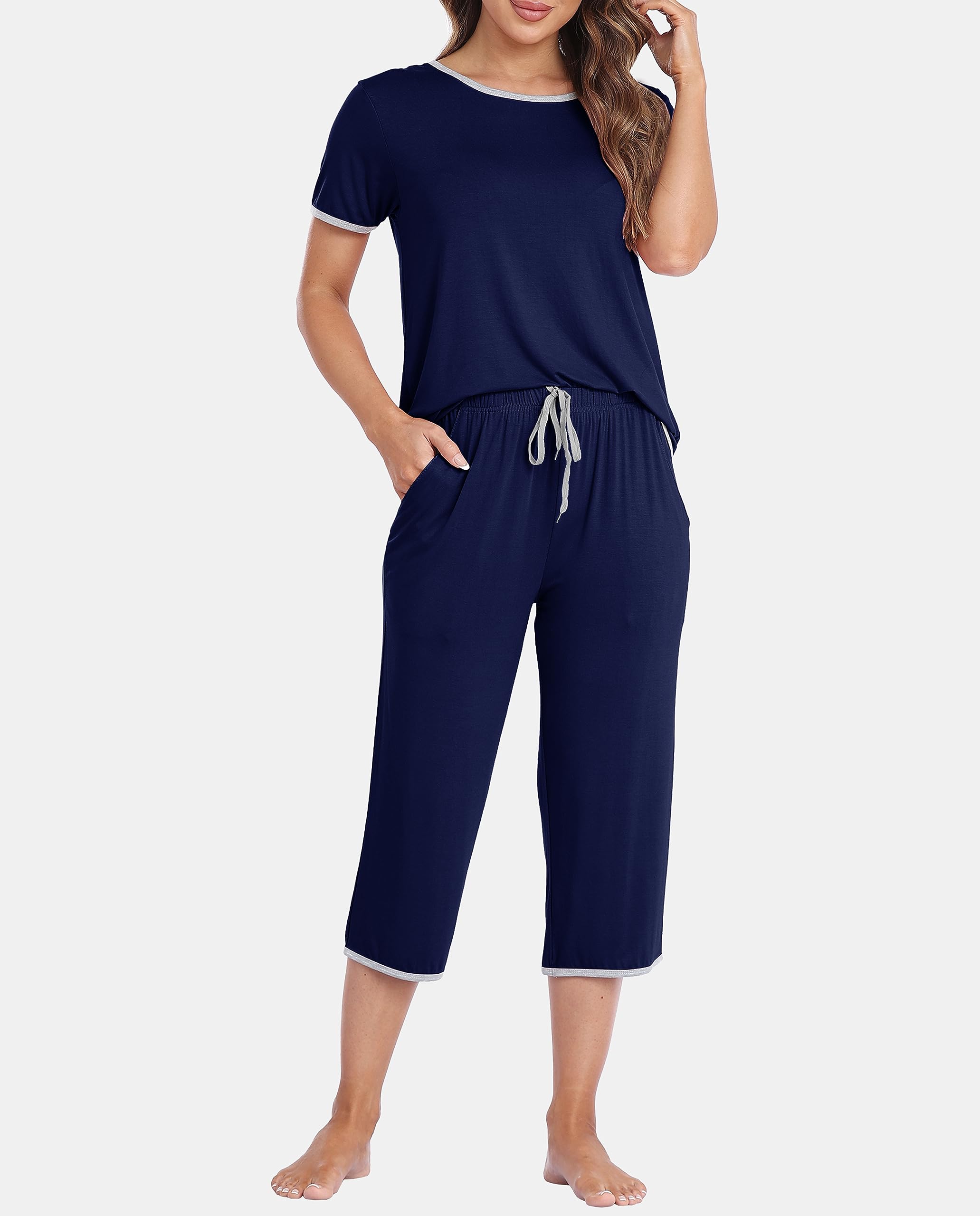 JINSHI Ladies Jammies Cooling Pj's Short Sleeve And Capri Pants with Pockets for Girlfriend Womens Pajamas Summer Navy S