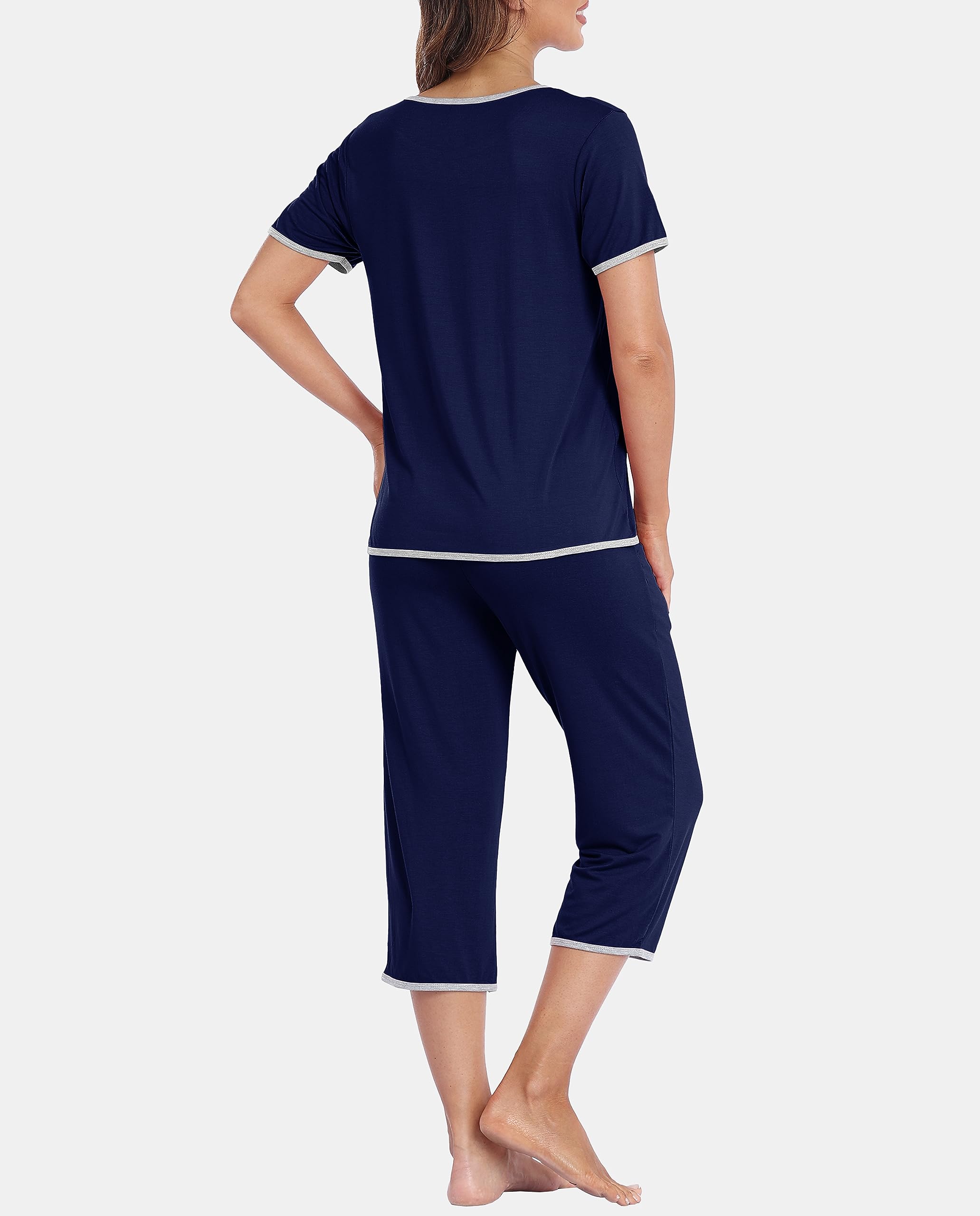 JINSHI Ladies Jammies Cooling Pj's Short Sleeve And Capri Pants with Pockets for Girlfriend Womens Pajamas Summer Navy S