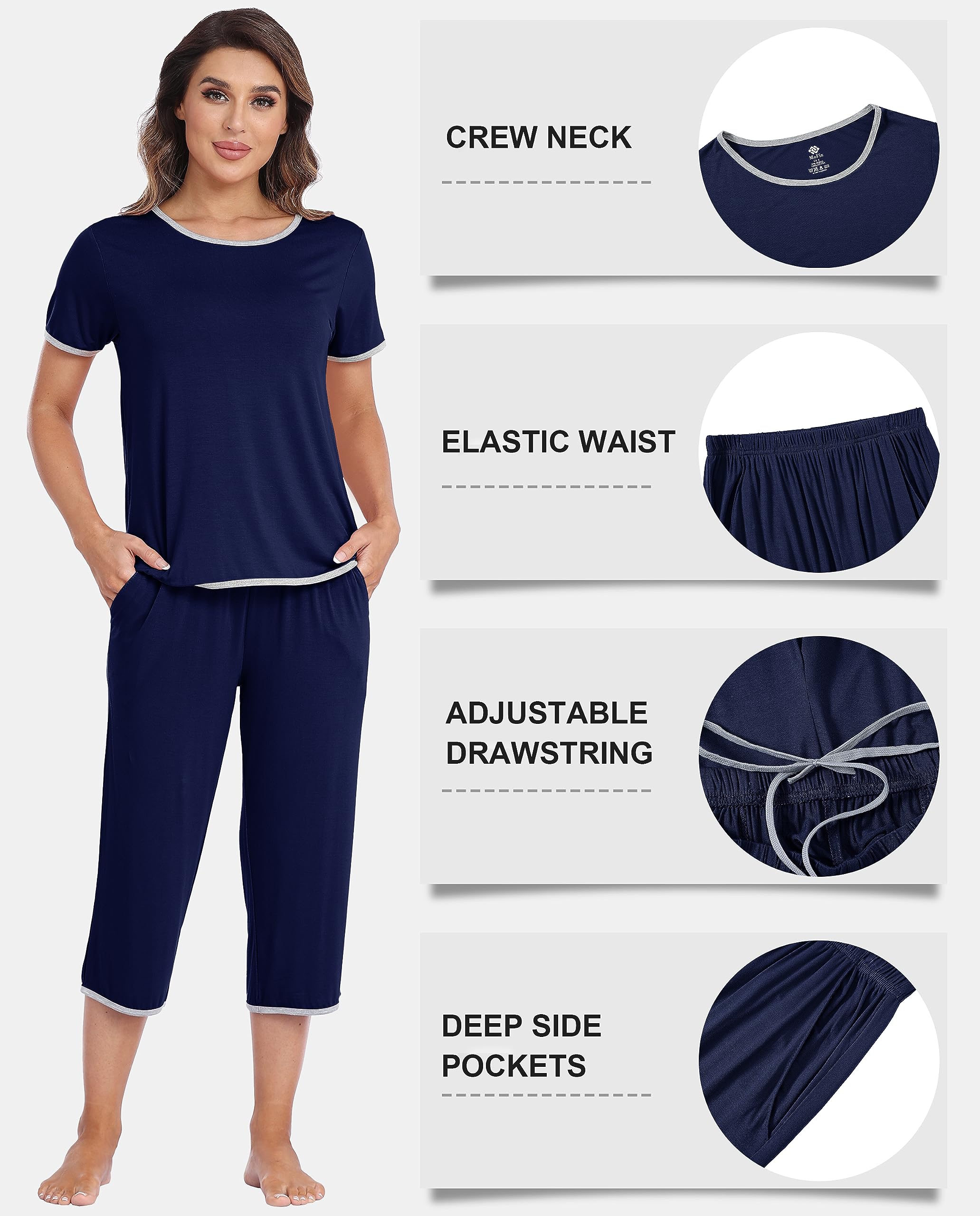 JINSHI Ladies Jammies Cooling Pj's Short Sleeve And Capri Pants with Pockets for Girlfriend Womens Pajamas Summer Navy S
