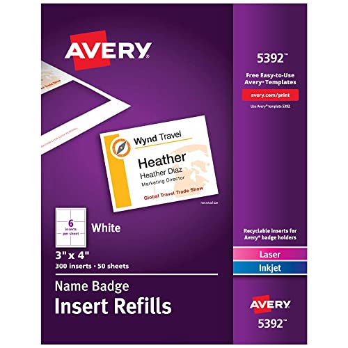 Avery Name Badge Inserts, Print or Write, 3 x 4 Inch, 300 Card Stock Refills (5392), White & Name Badge Inserts, 3" x 4", 2-Pack, 300 Inserts Per Pack, 600 Badge Inserts Total (35392)