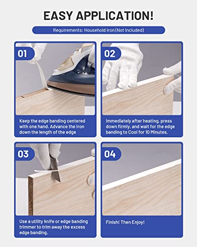 FAKILO Melamine Edge Banding White 3/4 inch x 25 ft Veneer Edging Easy Application Iron on Edge Banding Tape for Cabinet Plywood Repairs Furniture Restoration