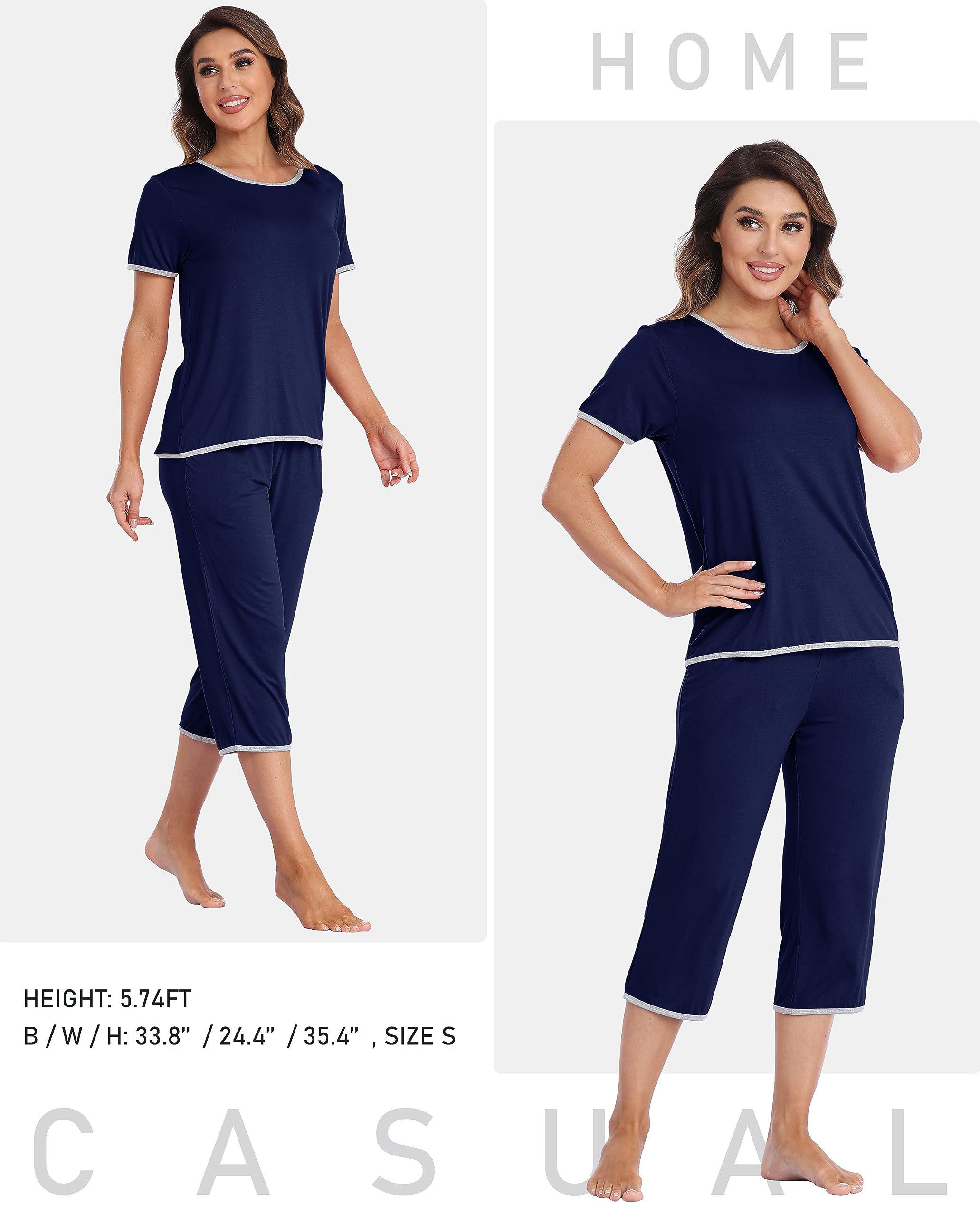 JINSHI Ladies Jammies Cooling Pj's Short Sleeve And Capri Pants with Pockets for Girlfriend Womens Pajamas Summer Navy S
