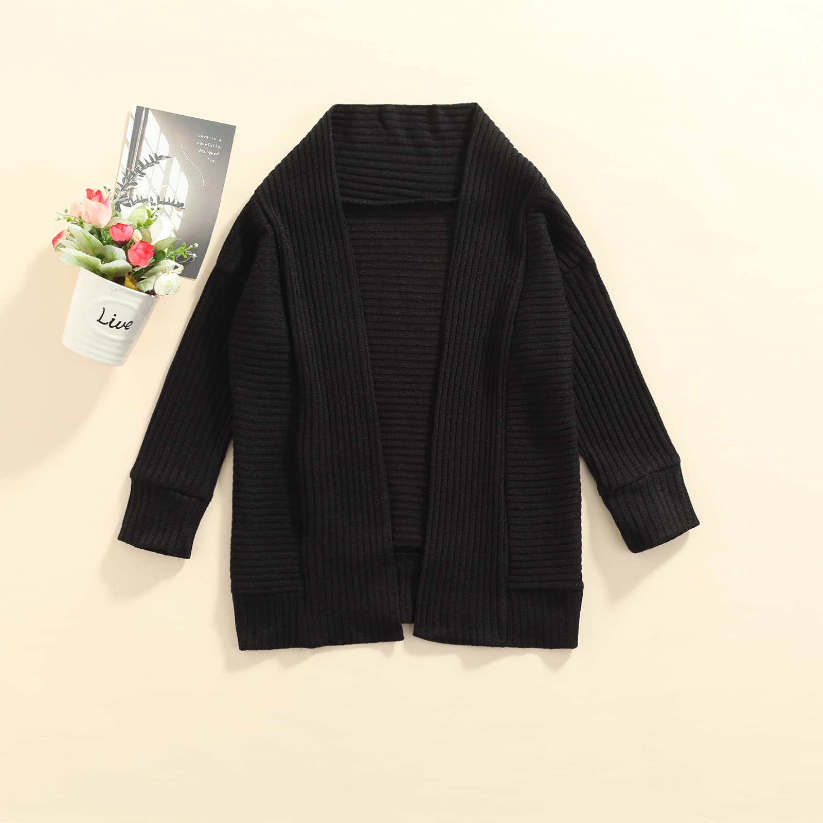 Lamuusaa Toddler Kid Baby Girls Knitted Cardigan Sweater Long Sleeve Knitted Open Front Coats Jacket Solid Outwear Knitwear (Long-Black, 2-3T)