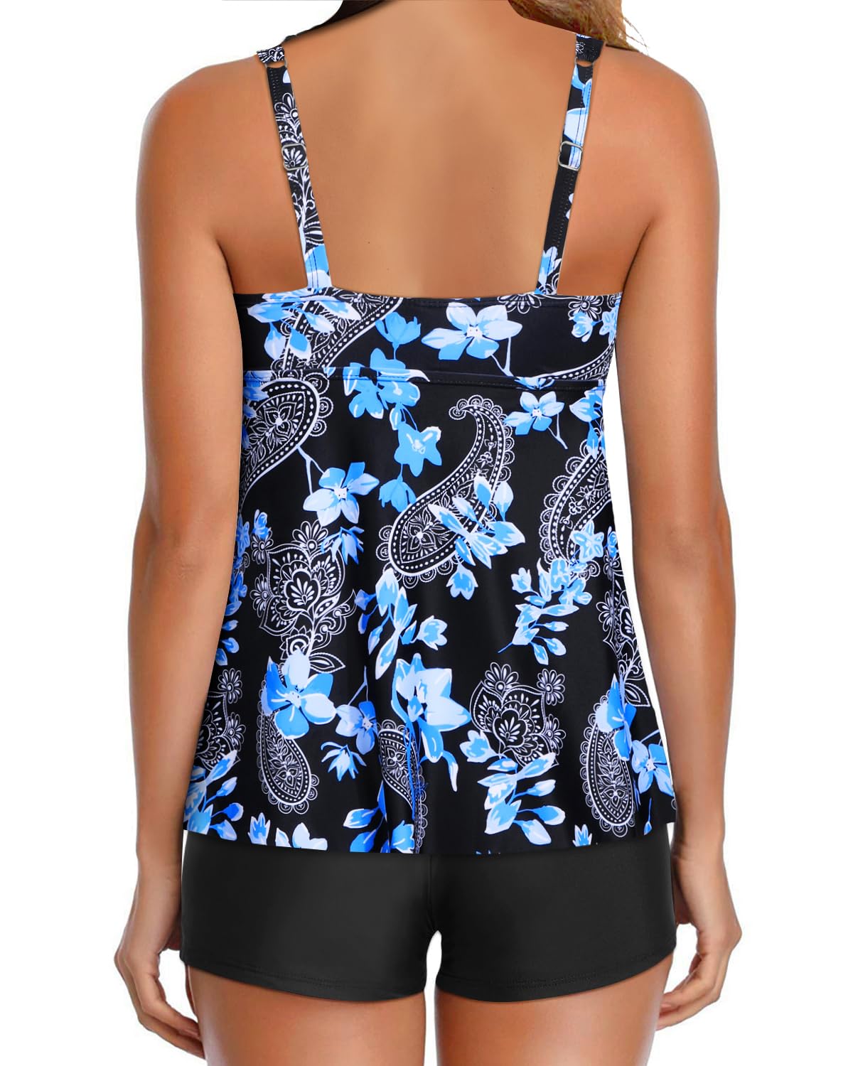 Holipick Blue Paisley Two Piece Tankini Swimsuits for Women Tummy Control Bathing Suits Flowy Swim Tank Top with Boy Shorts XL