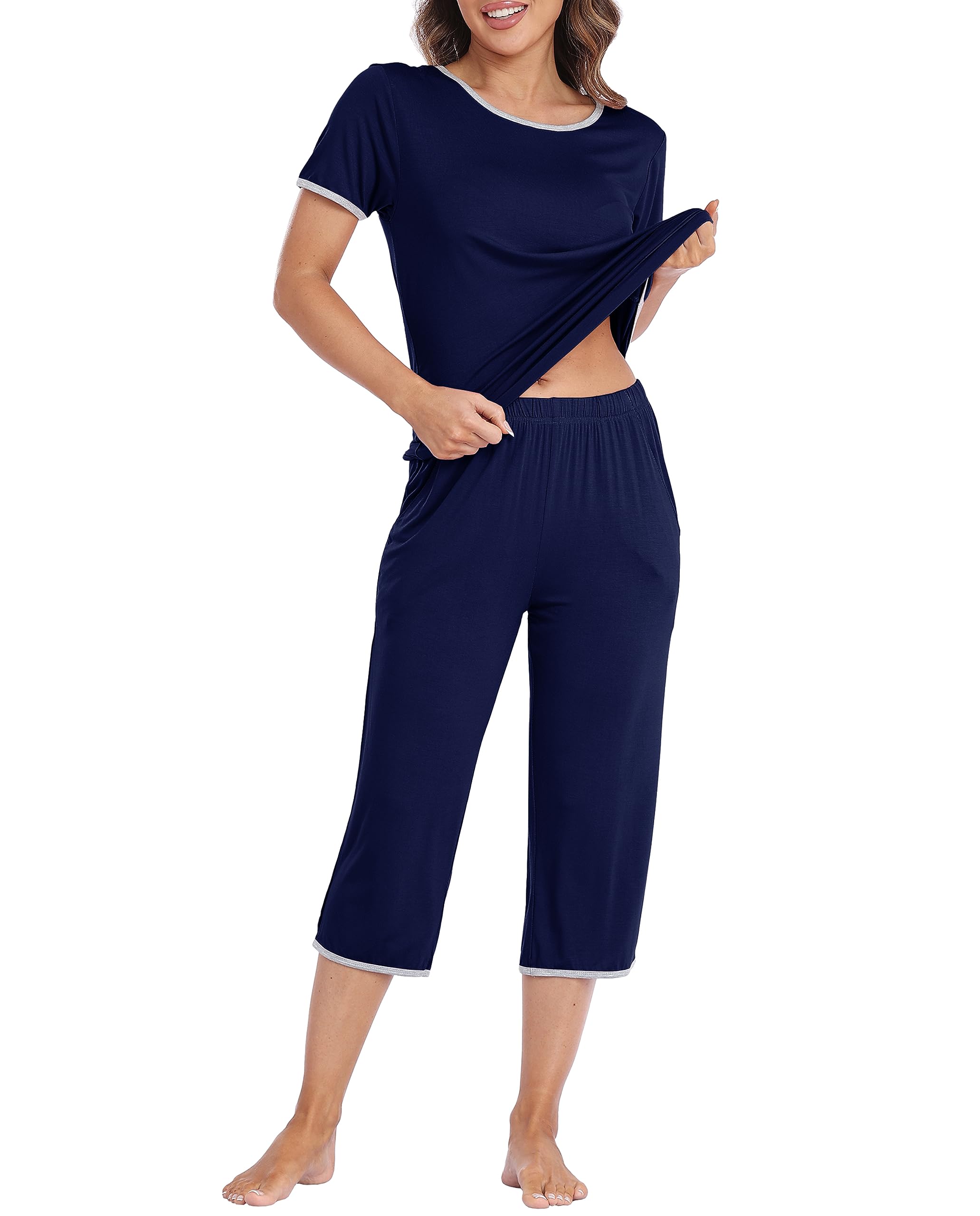 JINSHI Ladies Jammies Cooling Pj's Short Sleeve And Capri Pants with Pockets for Girlfriend Womens Pajamas Summer Navy S