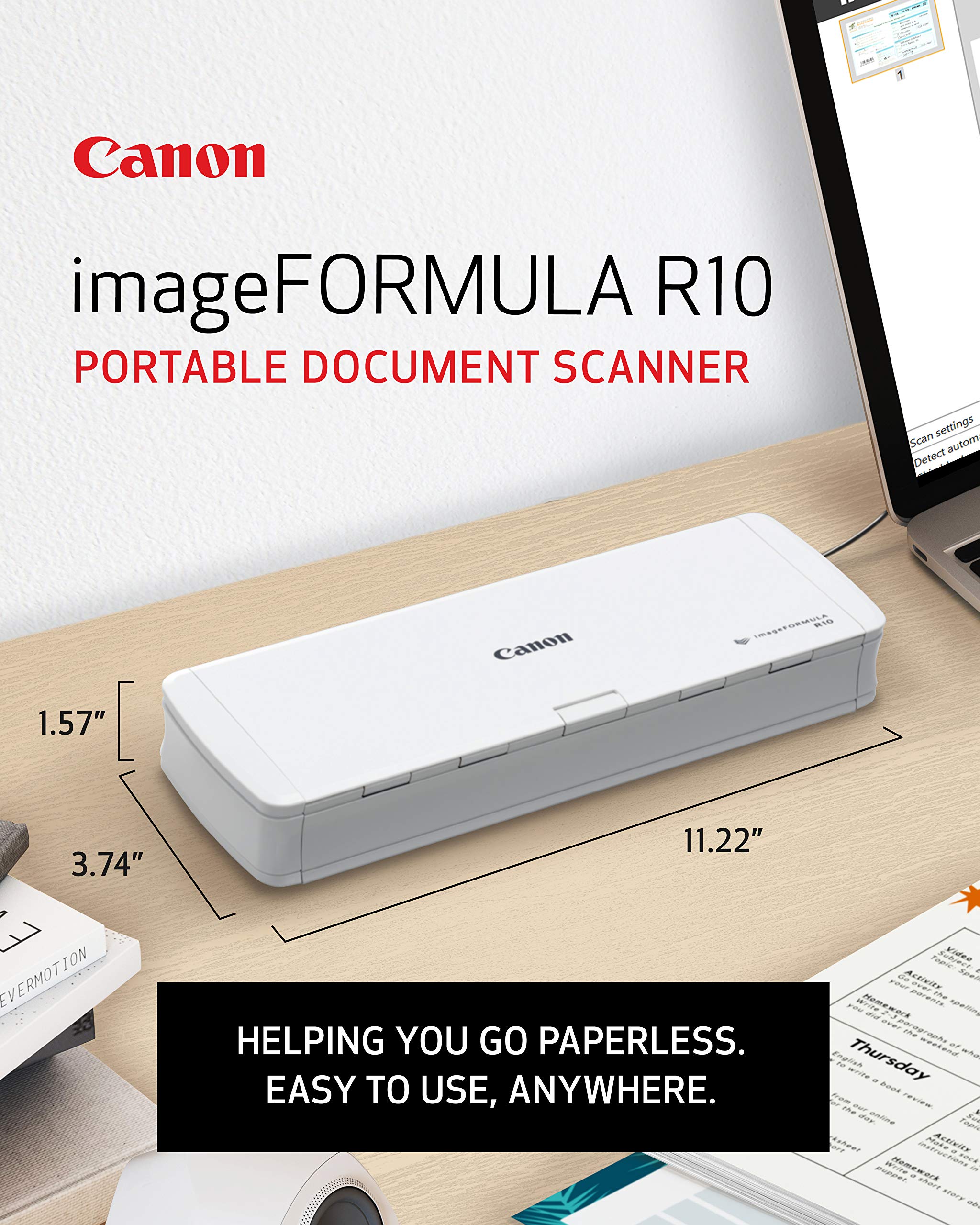 Canon imageFORMULA R10 Portable Document Scanner, 2-Sided Scanning with 20 Page Feeder, Easy Setup For Home or Office, Includes Software, (4861C001)