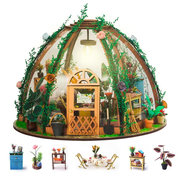 INSGEN DIY Miniature Dollhouse Greenhouse Building Room Kit, Wooden Diorama Book Nook House Kits Build Crafts for Adults, Miniature Street Tiny Library House Making Kit 1:24 Scale