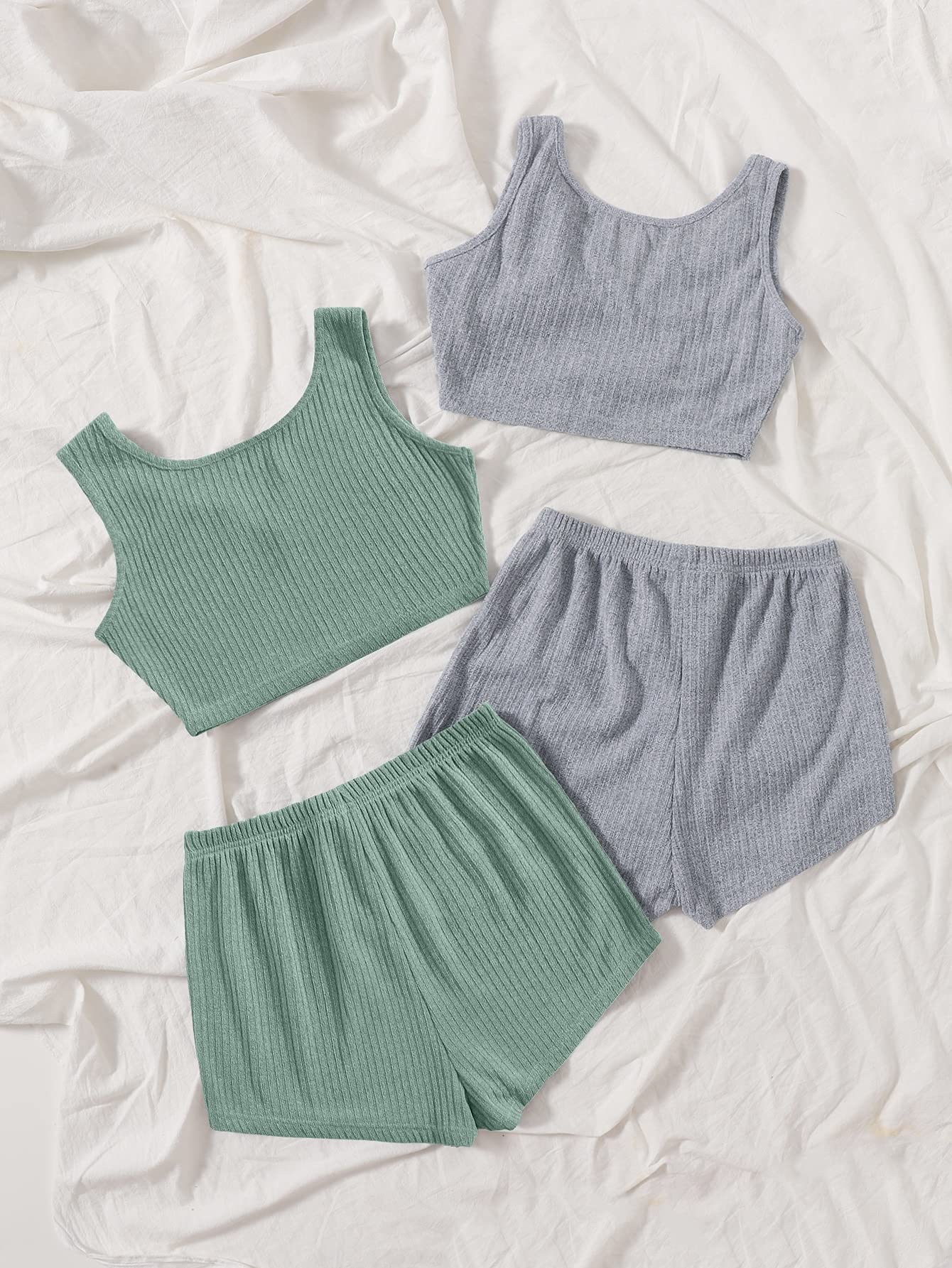Milumia Women's 4 Pieces Ribbed Knit Crop Tank Top and Drawstring Waist Shorts Pajama Set Loungewear Grey and Green X-Large
