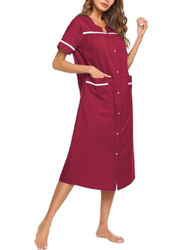 Ekouaer Womens Snap Front Dusters Cotton Housecoat Short Sleeve Nightgown House Dress With Pockets Wine Red S