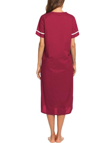 Ekouaer Womens Snap Front Dusters Cotton Housecoat Short Sleeve Nightgown House Dress With Pockets Wine Red S
