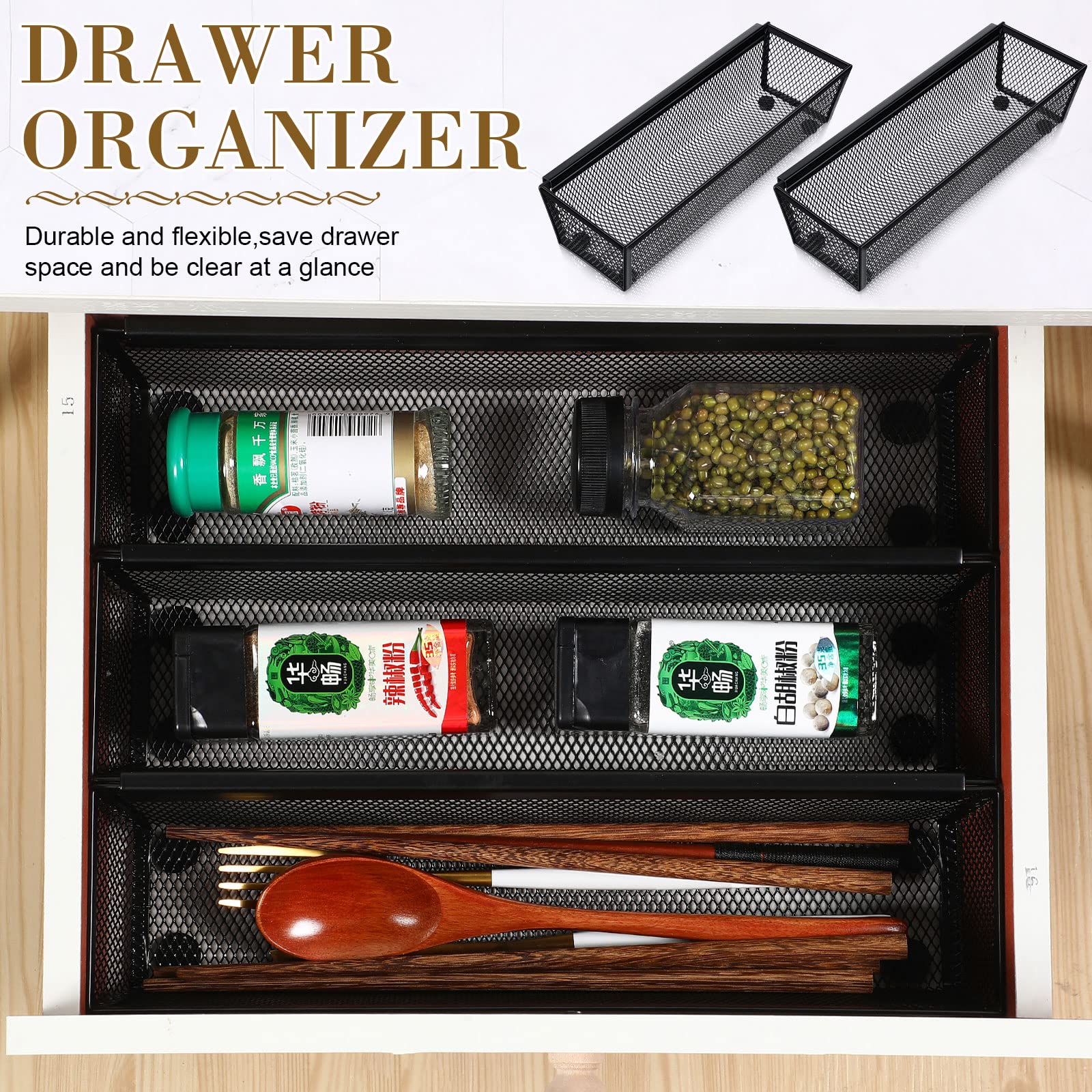 3 Pack Silverware Drawer Organizer Mesh Utensil Organizer for Kitchen Drawer, Silverware Tray with Interlocking Arm Narrow Utensil Holder for Flatware Spoon Knife Fork Pen, 12 x 3 x 2 Inch, Black