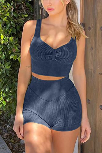 Mulisky Women's Yoga 2 Piece Outfits Seamless Workout Running Tank Top High Waist Shorts Sets Sets Navy XL