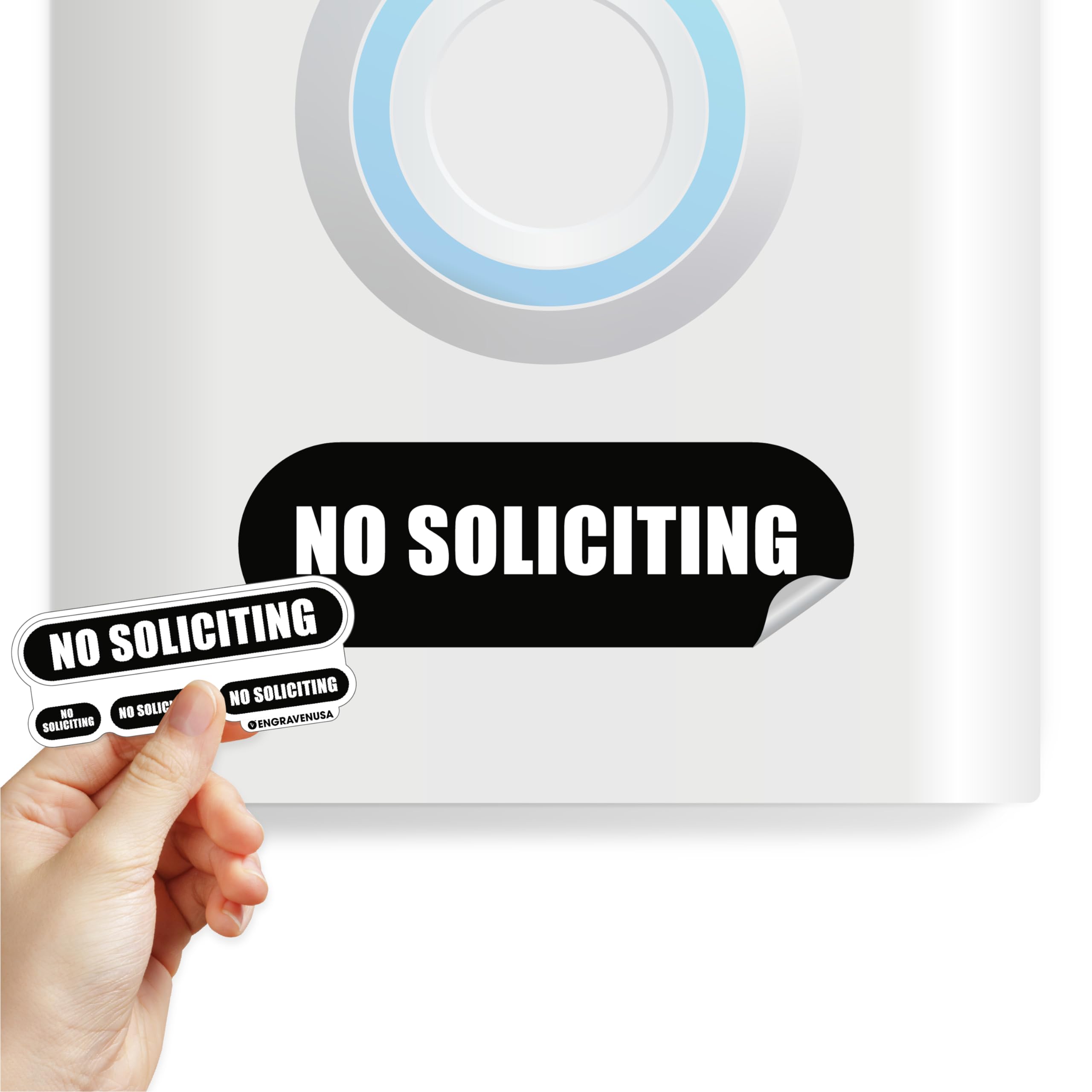 Small No Soliciting Sign for House, 4 Small Sizes Compatible with Most Video Doorbells, Weatherproof Matte Stickers, Made in USA (Home Kit - Black)