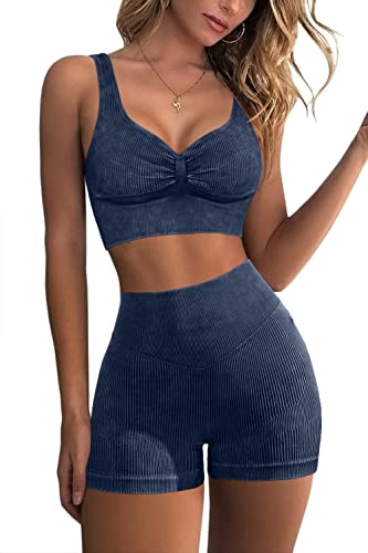 Mulisky Women's Yoga 2 Piece Outfits Seamless Workout Running Tank Top High Waist Shorts Sets Sets Navy XL