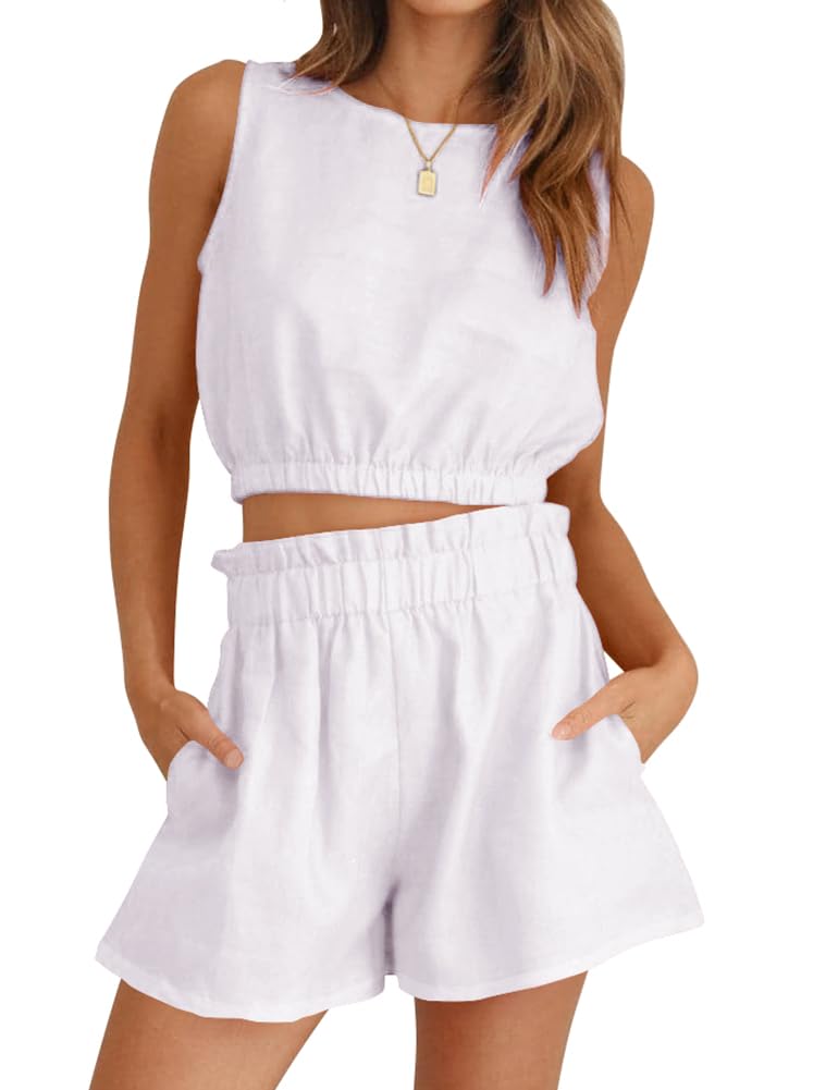 FAMCYINN Women Summer 2 Piece Outfits Crew Neck Crop Top Tank Elastic Waistband Casual Shorts Set with Pocket White XL