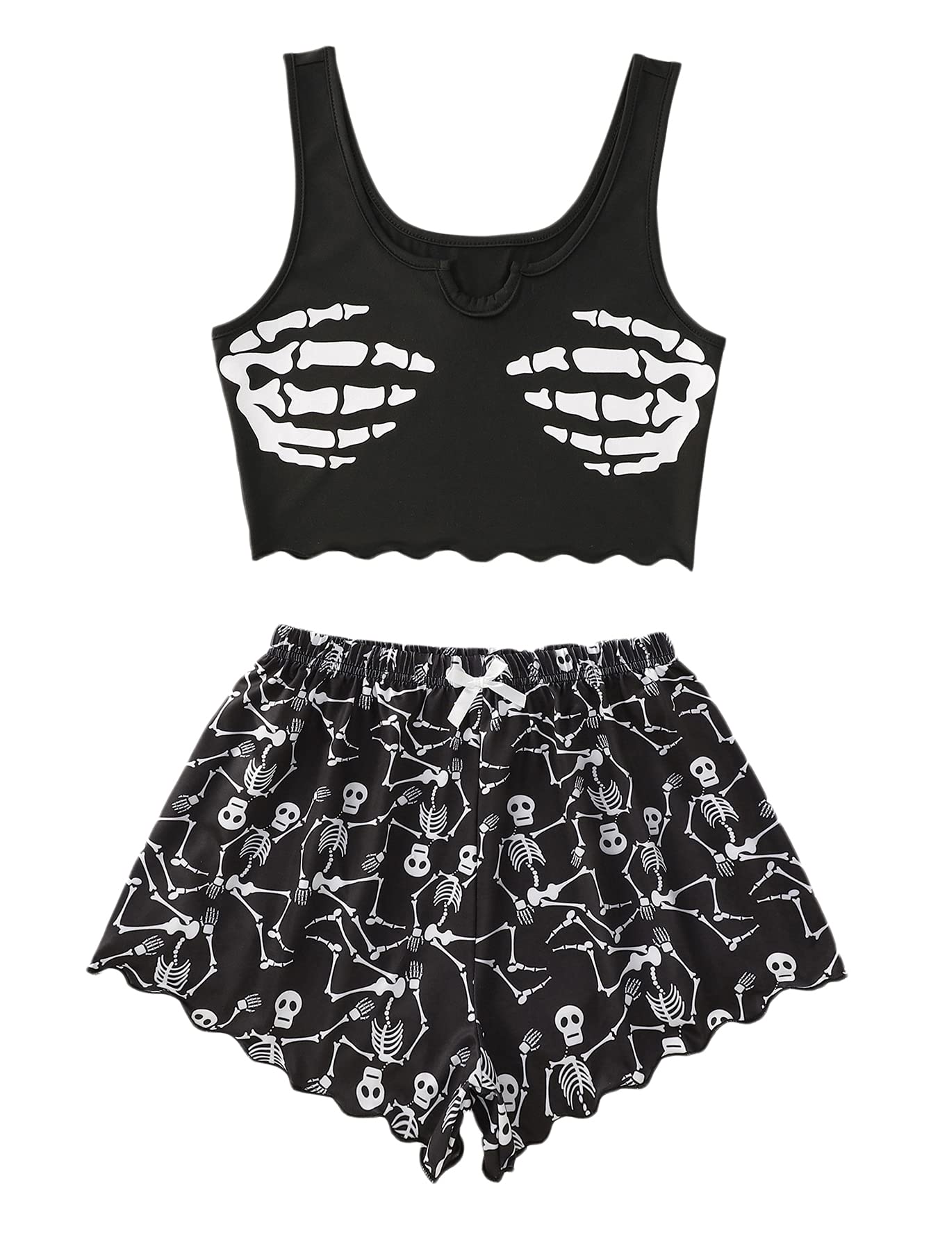 WDIRARA Women's Sleepwear Cartoon Skull Print Pajama Set Cami and Shorts Black Scallop S