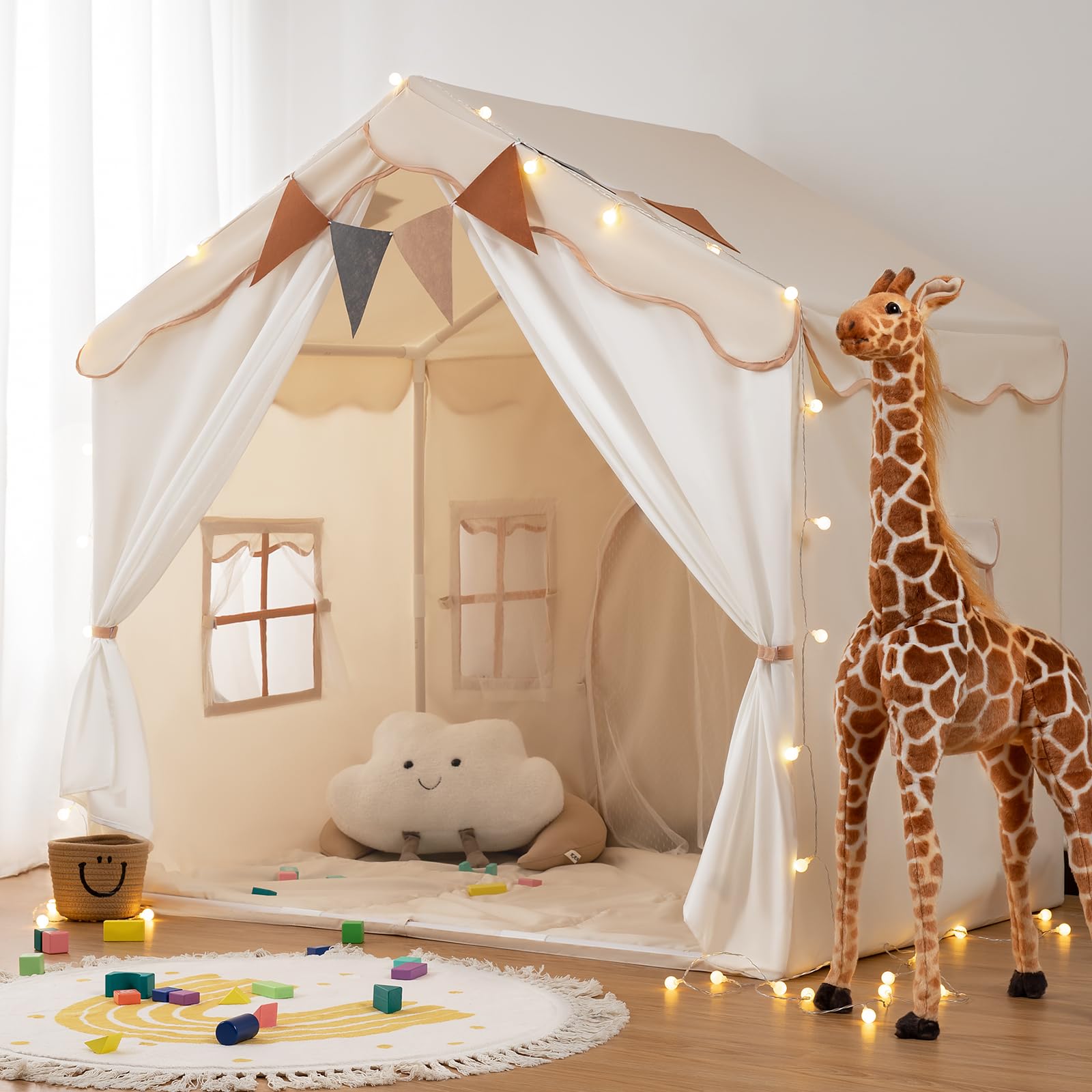 besrey Kids Tent, Kids Playhouse 2 in 1 with Padded Mat and Lights, Large Play Tent with 2 Doors & 4 Windows, Kids Play Tent Indoor & Outdoor, Christmas Toddler Tent for Kids, 51" x35" x 51"