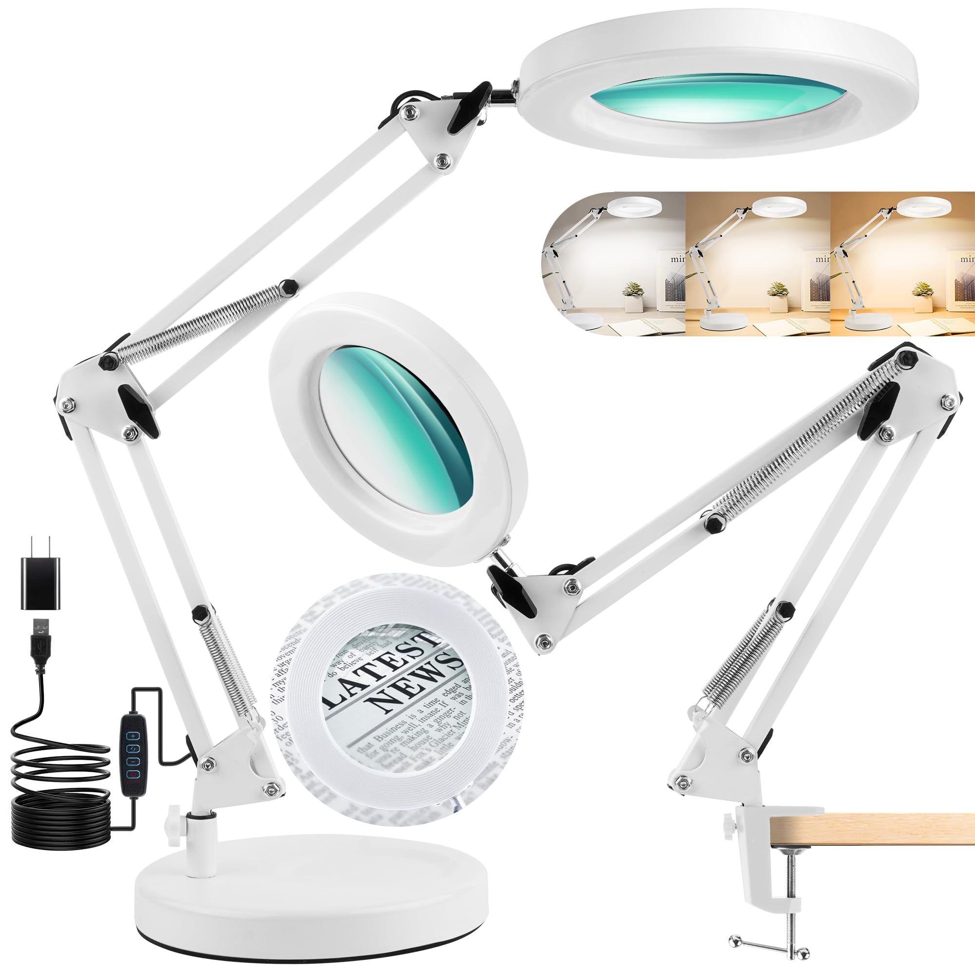 Magnifying Glass with Light and Stand - 2-in-1 Stepless Dimmable LED Magnifying Desk Lamp with Clamp - 3 Color Modes Lighted Magnifier Lens Swivel Arm Light for Reading, Craft, Close Works