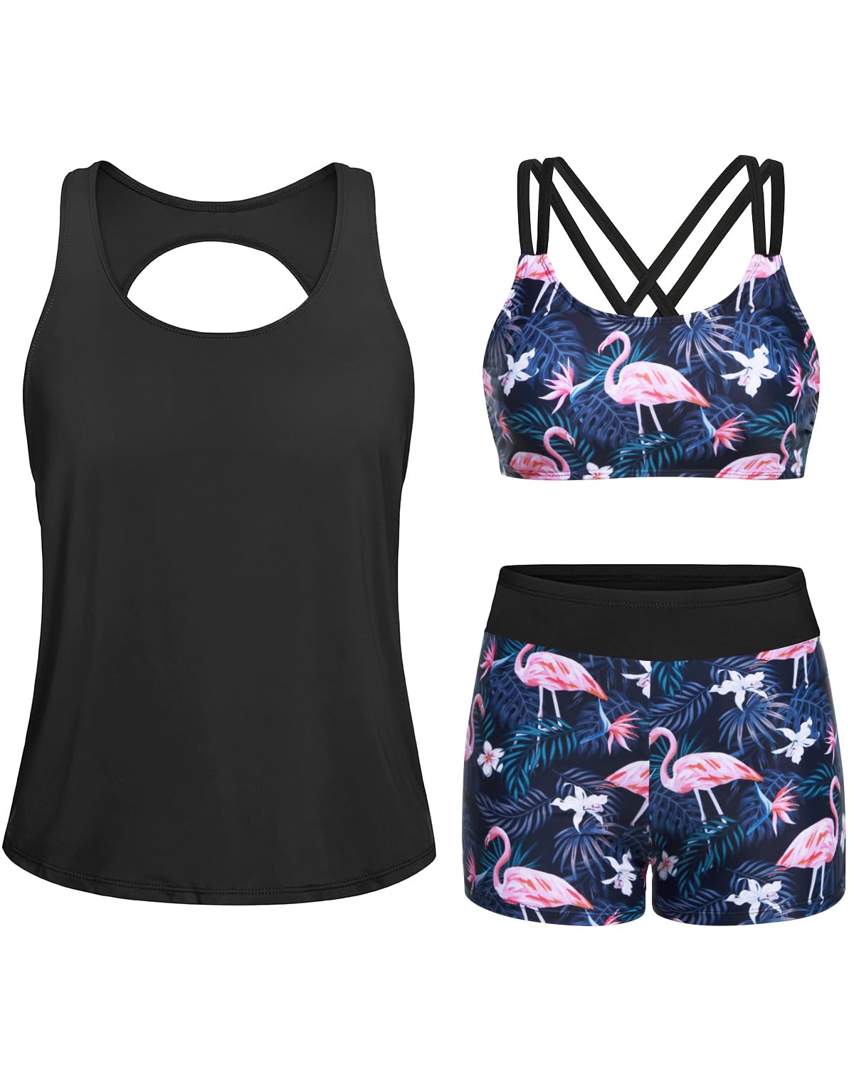 Yonique Tankini Swimsuits for Women 3 Piece Bathing Suits Swim Tank Top with Boy Shorts and Bra Modest Swimwear Black Flamingo L