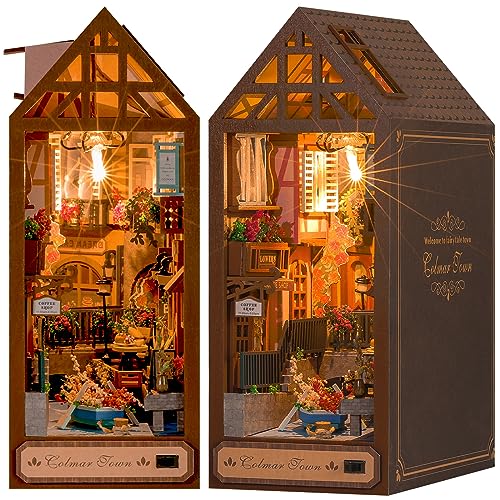 YUXUEWEN DIY Book Nook Kit, 3D Wooden Puzzle Bookend Bookshelf Decor with LED, Book Nook Kits for Adults, DIY Miniature Dollhouse Kit Model, Gifts for Crafts Hobbies Adults Teens