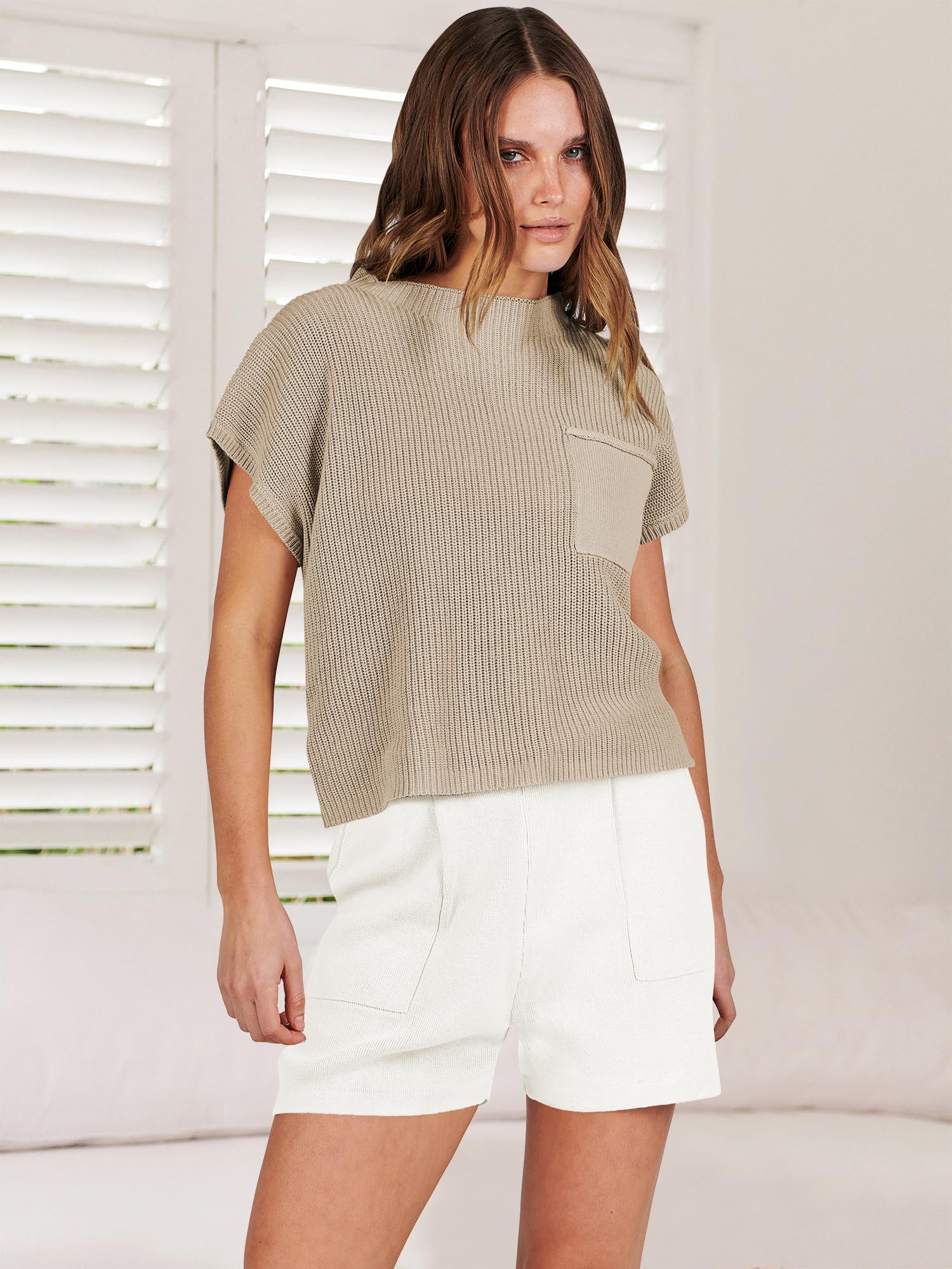 ANRABESS Women's Two Piece Summer Outfits Knit Sweater Short Sets Pullover Tops & Shorts Lounge Matching Clothes Set Khaki White X-Large