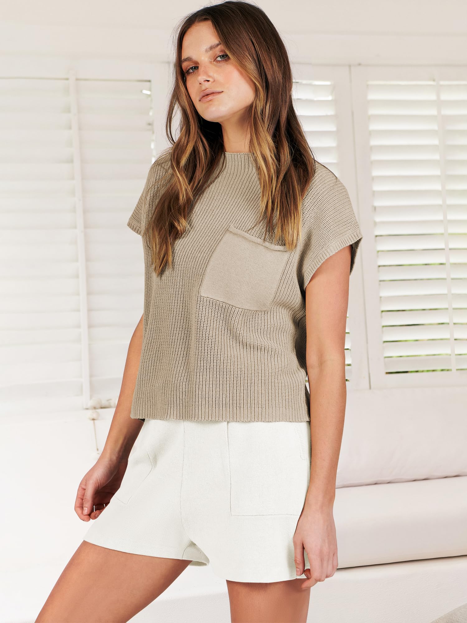 ANRABESS Women's Two Piece Summer Outfits Knit Sweater Short Sets Pullover Tops & Shorts Lounge Matching Clothes Set Khaki White X-Large