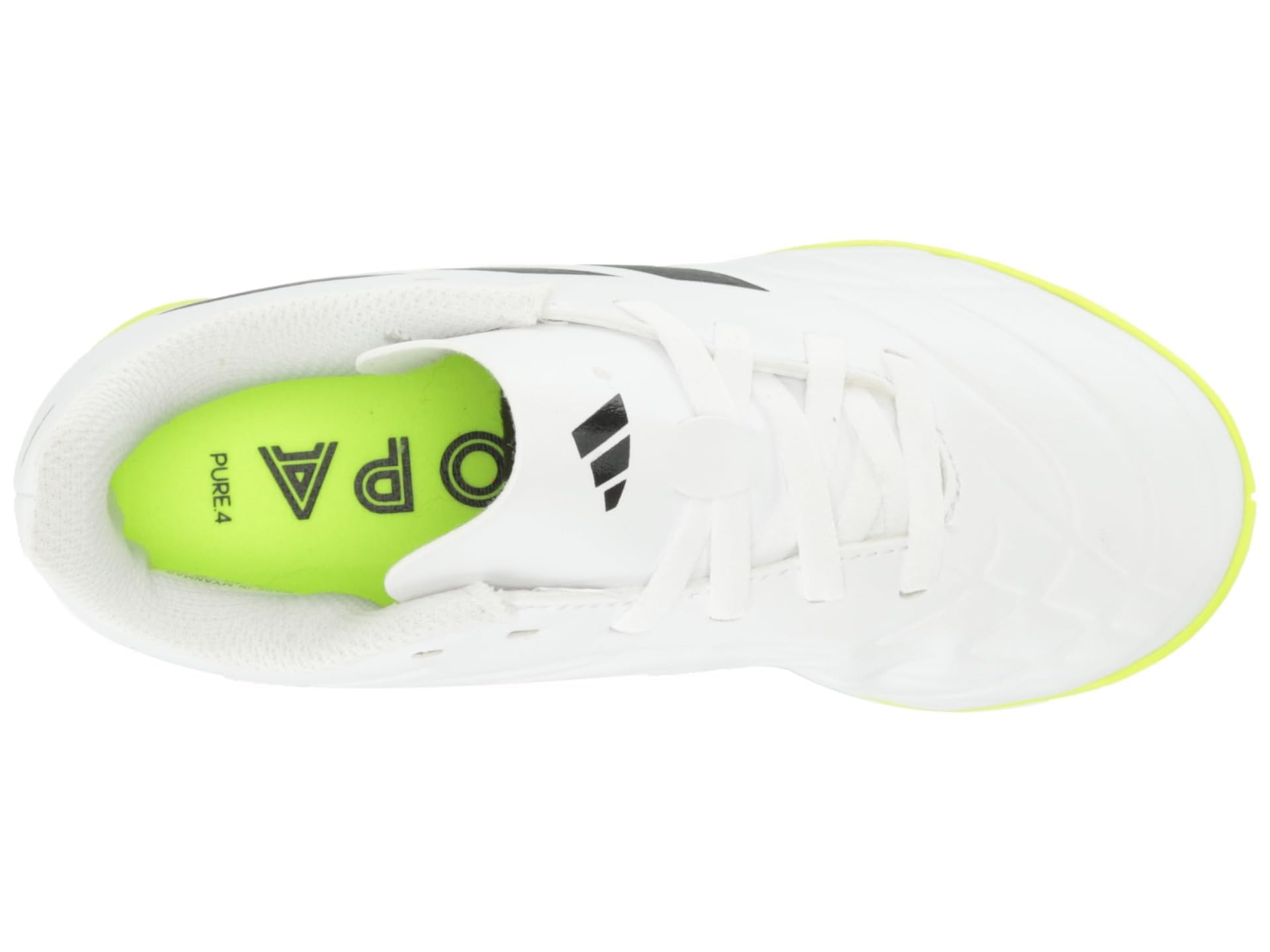adidas Copa Pure.4 Indoor Sneaker, White/Core Black/Lucid Lemon, 2 US Unisex Little Kid