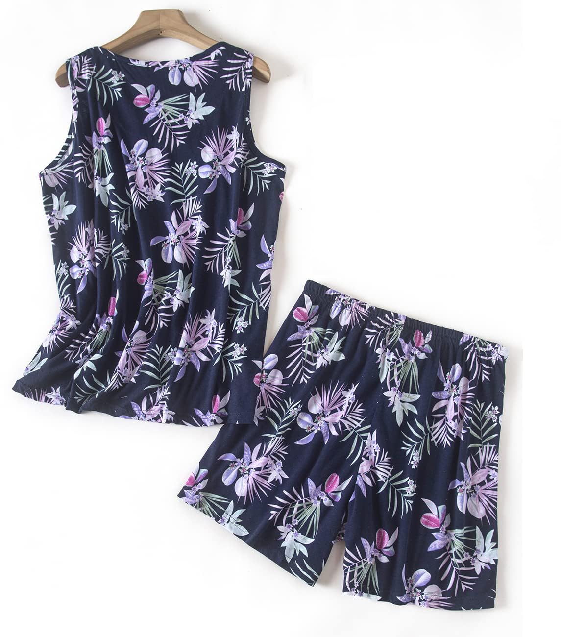 CHUNG Women's Cotton Pajama Set Cute Patterned Tank Top Sleeveless T Shorts Sleepwear Summer Plus Size loungewear,PurpleFlower,XL