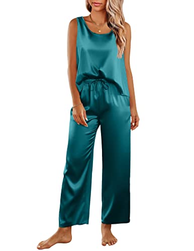 Ekouaer Womens Satin Pajamas Set Back Split Top and Long Pant Silk Pj Set Tank Sleepwear S-XXL Green