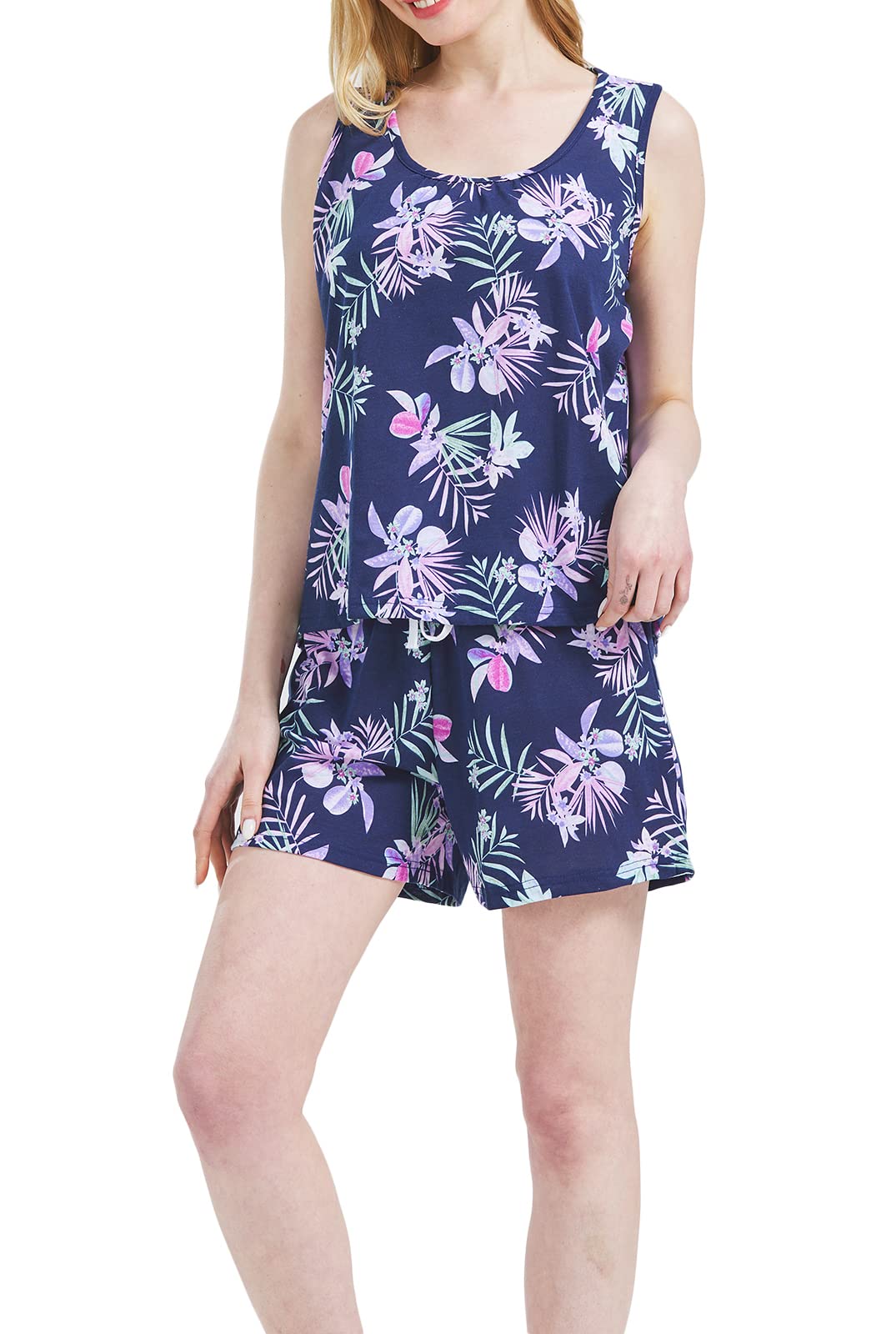 CHUNG Women's Cotton Pajama Set Cute Patterned Tank Top Sleeveless T Shorts Sleepwear Summer Plus Size loungewear,PurpleFlower,XL