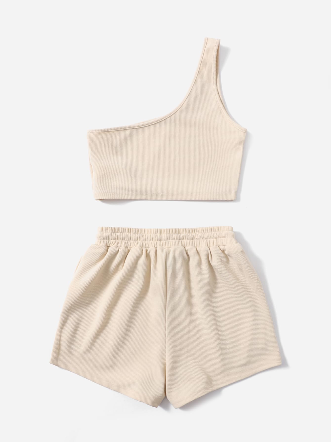 Verdusa Women's One Shoulder Tank Top and Lounge Shorts 2 Piece Tracksuit Set Khaki XL